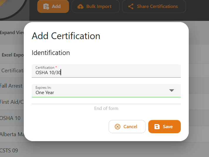 Add Certification Requirements (Company Level)